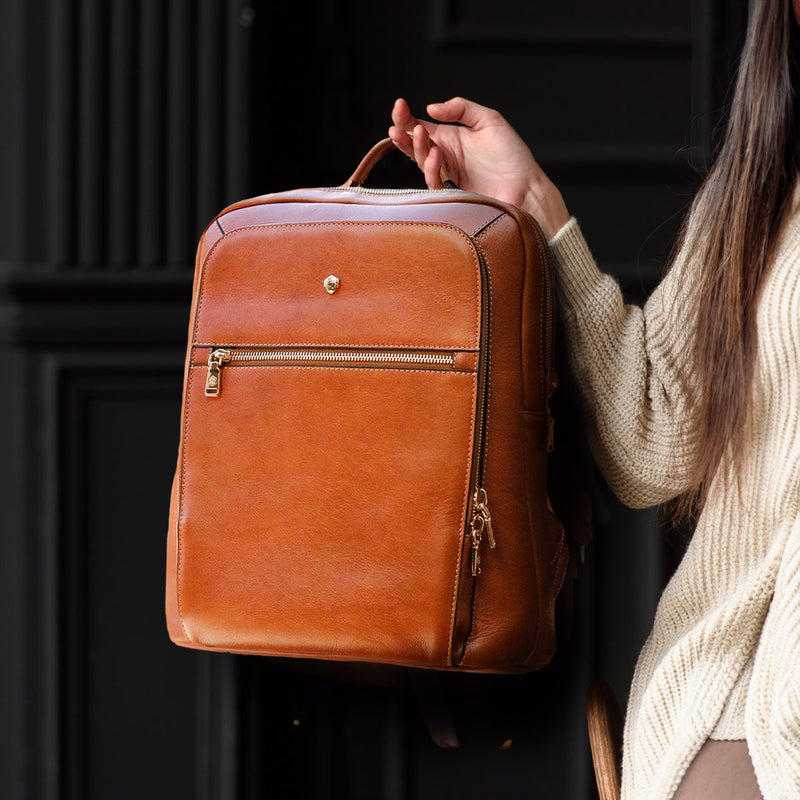 Chic Tan Ladies Laptop Backpack with Gold Zips | Jekyll & Hide